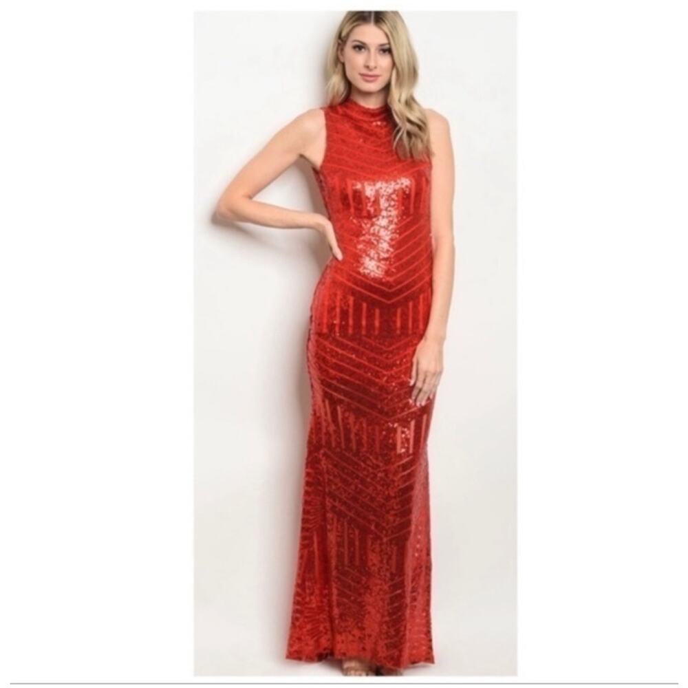Banjul Red Sequence Body Con Maxi Gown Backless - Gem